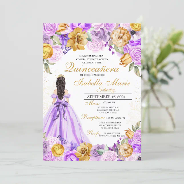 Elegant Lilac & Gold Floral Quinceanera Birthday Invitation | Zazzle