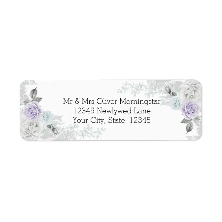 Elegant Lilac Ice Blue and White Roses Label | Zazzle