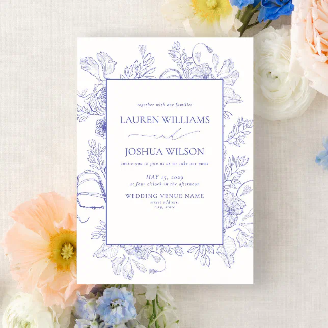 Elegant Lilac Lavender Floral Line Art Wedding Invitation | Zazzle