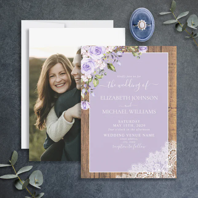 Elegant Lilac Lavender Rustic Lace Photo Wedding Invitation | Zazzle