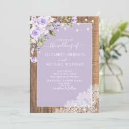 Elegant Lilac Lavender Rustic Wood Lace Wedding Invitation | Zazzle