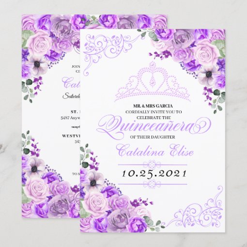 Elegant Lilac Purple Floral Quinceanera Birthday Invitation | Zazzle