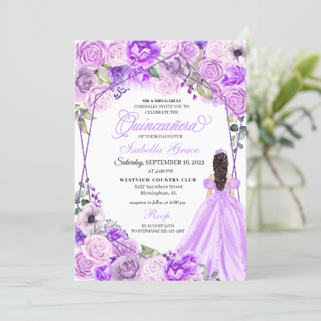 Elegant Lilac Purple Floral Quinceanera Invitation | Zazzle