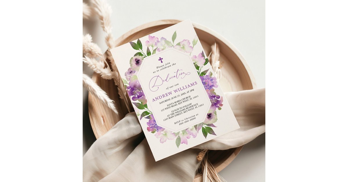 Elegant Lilac Purple Flowers Dedication Invitation | Zazzle