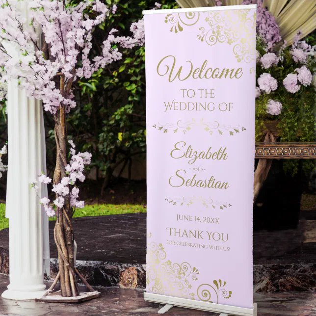 Elegant Lilac Purple & Gold Lacy Wedding Welcome Retractable Banner ...