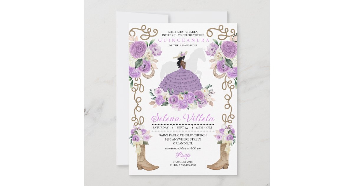 Elegant Lilac Rustic Western Princess Quinceañera Invitation | Zazzle