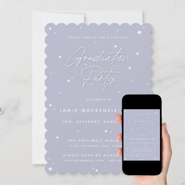 Elegant Lilac Script and Stars Graduation Party Invitation | Zazzle
