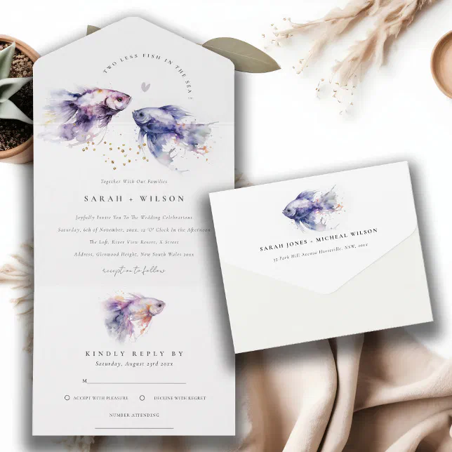 Elegant Lilac Watercolor Coastal Fish Wedding All In One Invitation ...