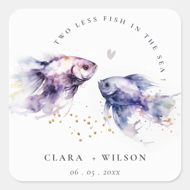 Elegant Lilac Watercolor Coastal Fish Wedding Square Sticker | Zazzle