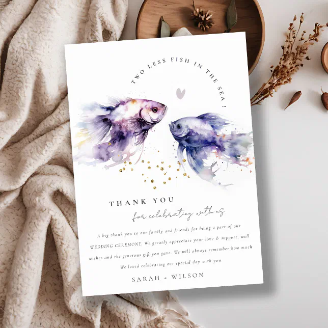 Elegant Lilac Watercolor Coastal Fish Wedding Thank You Card | Zazzle