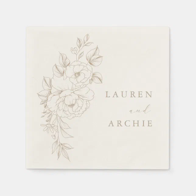 Elegant Line Art Boho Vintage Floral Wedding Napkins | Zazzle