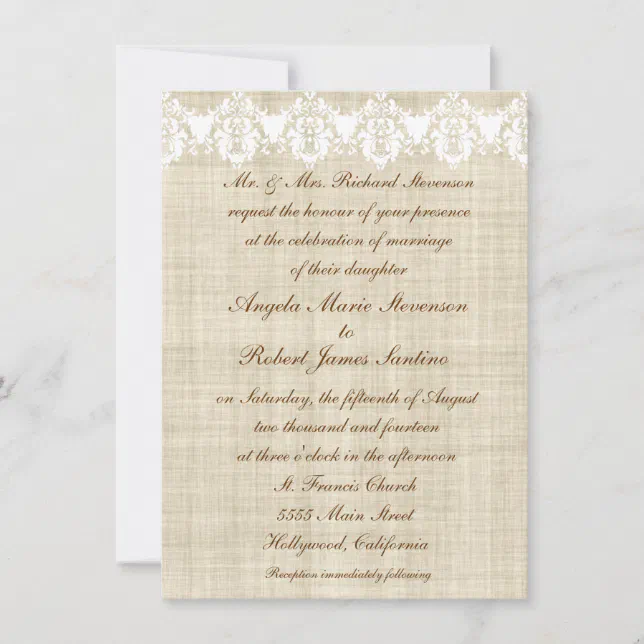 Elegant Linen And Lace Wedding Invitations | Zazzle