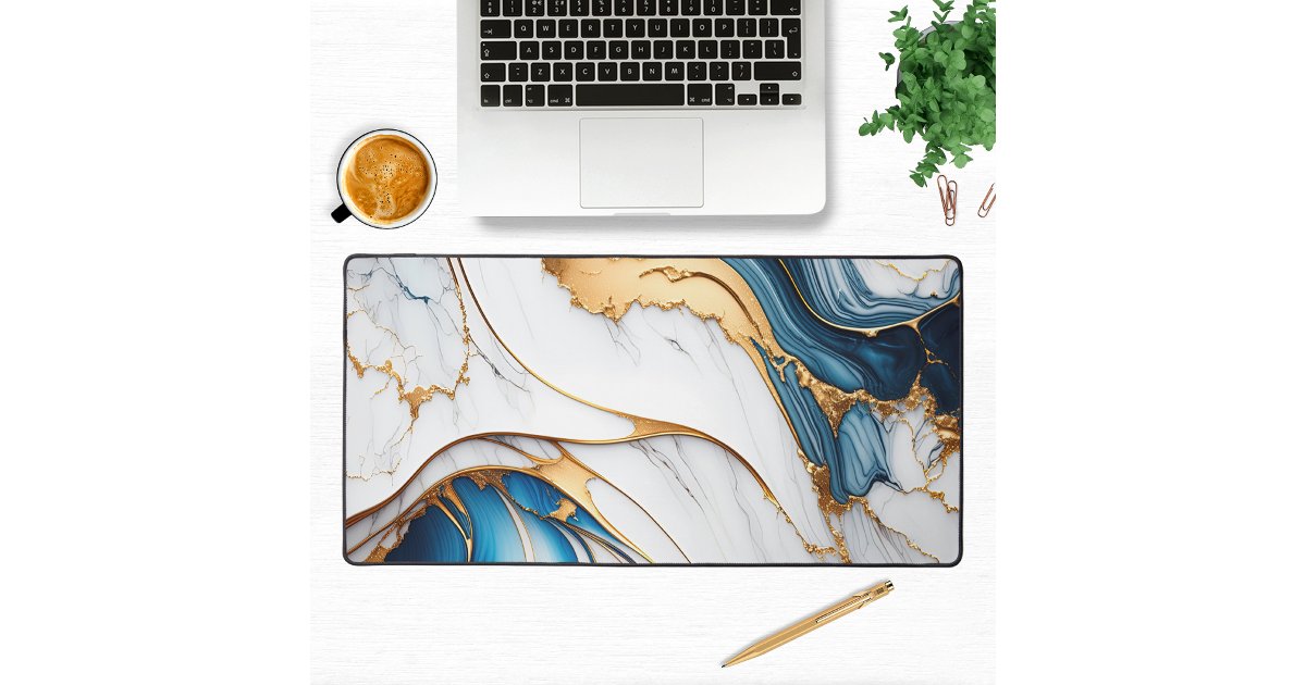 Elegant Liquid Marble Modern White Blue Gold Desk Mat | Zazzle