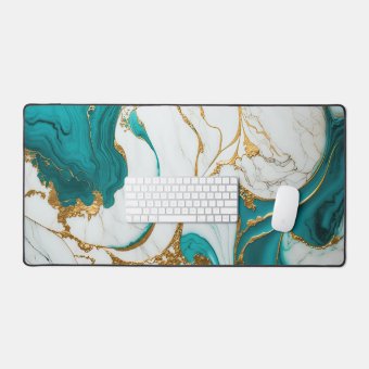 Elegant Liquid Marble Modern White Teal Gold Desk Mat | Zazzle