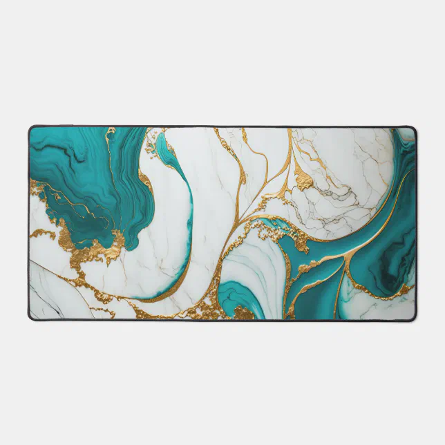Elegant Liquid Marble Modern White Teal Gold Desk Mat | Zazzle