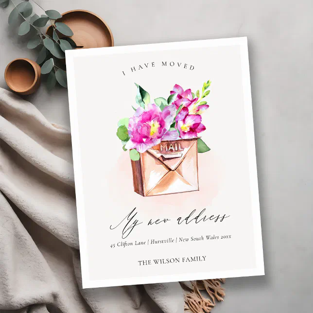Elegant Lively Pink Floral Mailbox I have Moved Postcard | Zazzle