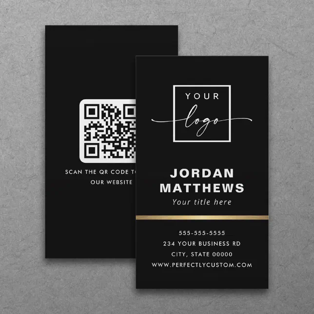 Elegant logo QR code golden gradient border black Business Card | Zazzle