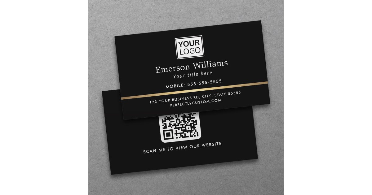 Elegant logo QR code golden gradient divider black Business Card | Zazzle