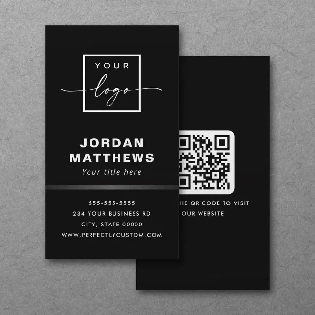 Elegant logo QR code gray gradient border black Business Card | Zazzle