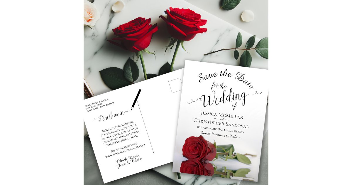 Elegant Long Stem Red Rose Wedding Save the Date Announcement Postcard ...