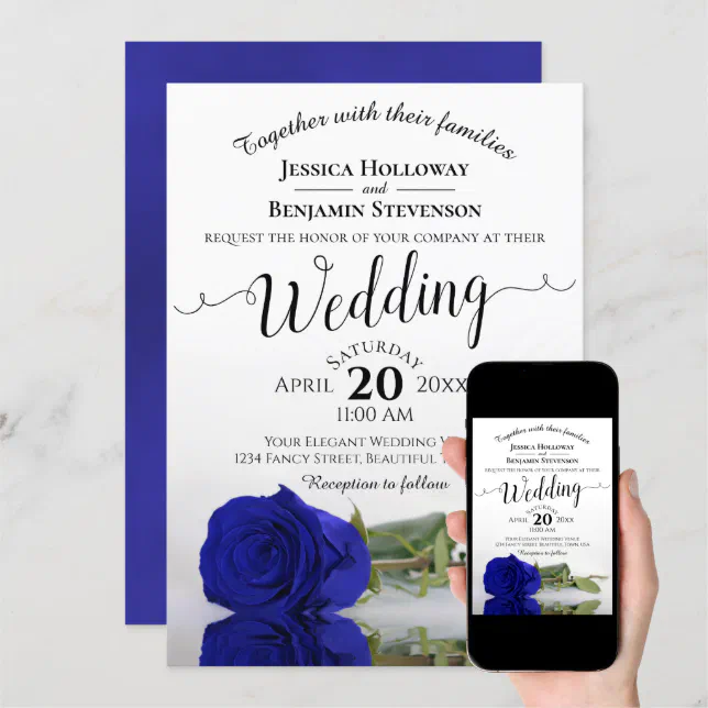 Elegant Long Stemmed Royal Blue Rose Wedding Invitation | Zazzle
