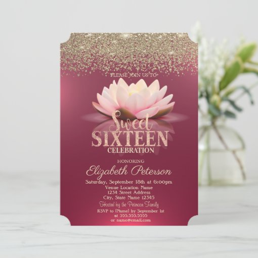 Elegant Lotus Gold Confetti Diamonds Red Sweet 16 Invitation | Zazzle