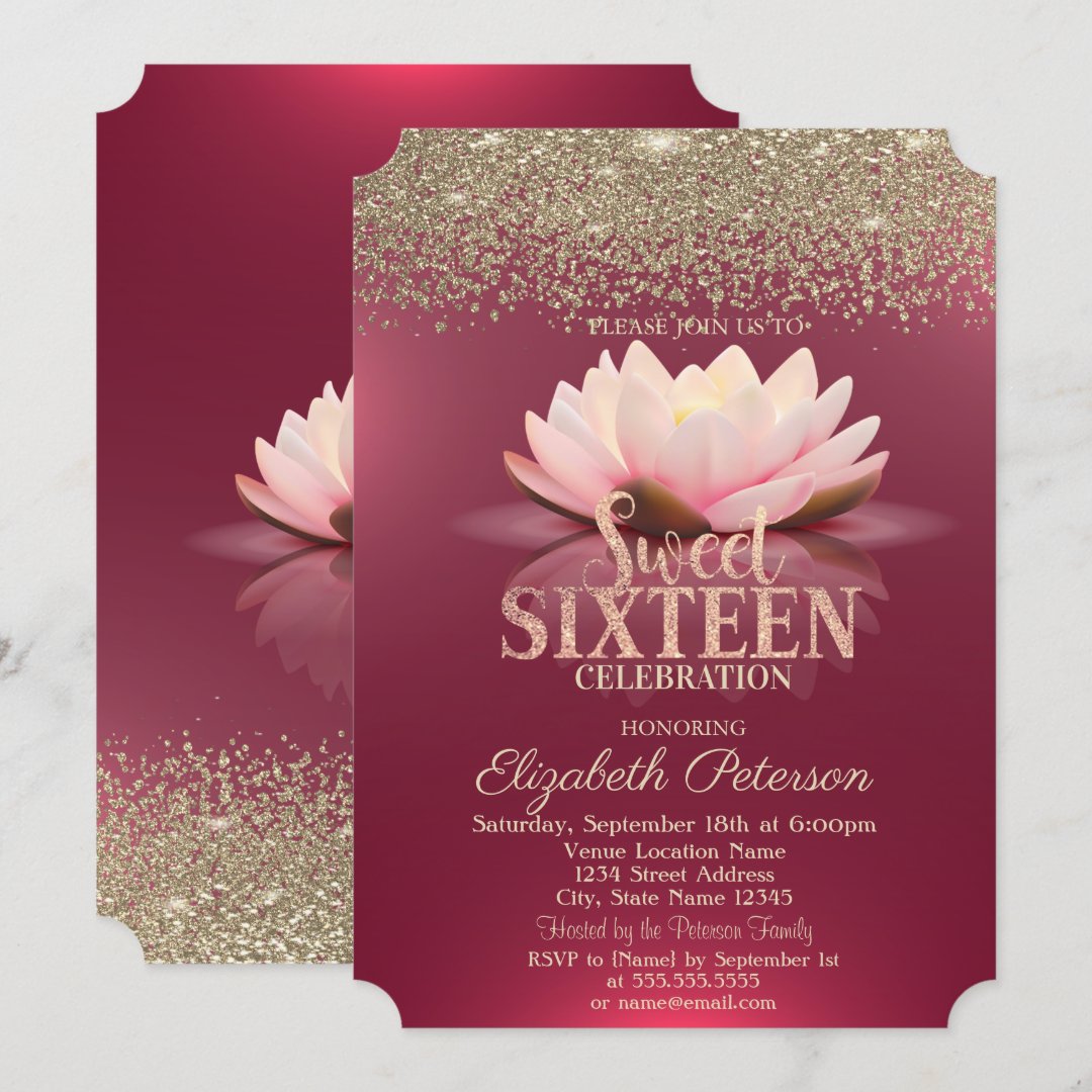 Elegant Lotus Gold Confetti Diamonds Red Sweet 16 Invitation | Zazzle