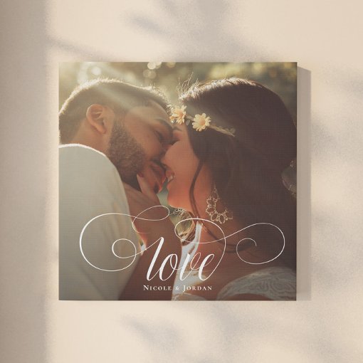 Elegant Love Calligraphy Couple Wedding Photo Faux Canvas Print | Zazzle