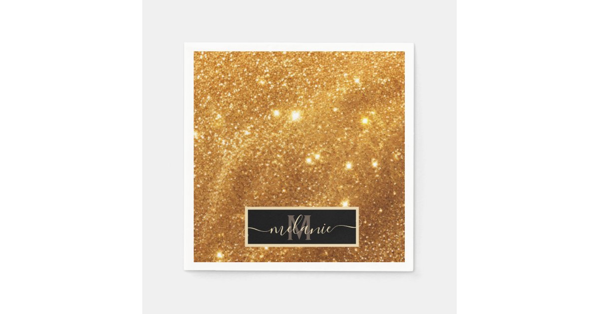 Elegant Luxurious Pure Gold Glitter Monogram Glam Napkins | Zazzle