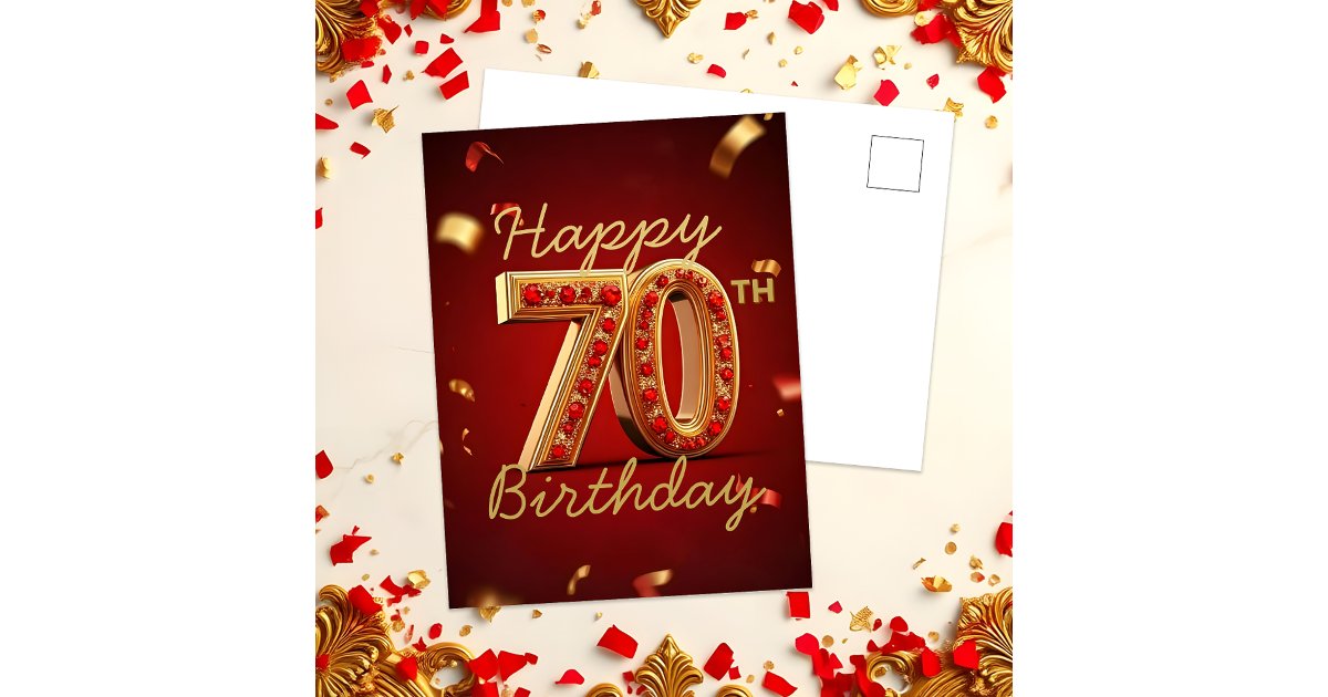 Elegant Luxurious Red and Gold 70th Birthday Postcard | Zazzle