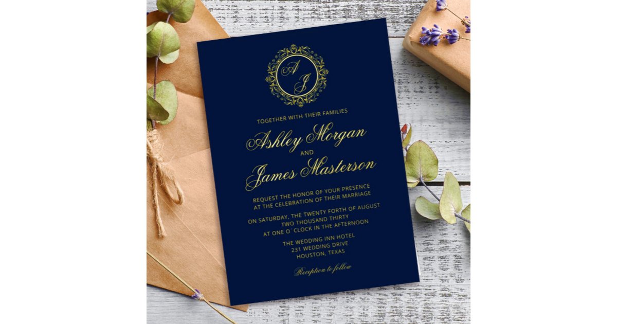 Elegant Luxury Gold Monogram Navy Blue Wedding Foil Invitation | Zazzle