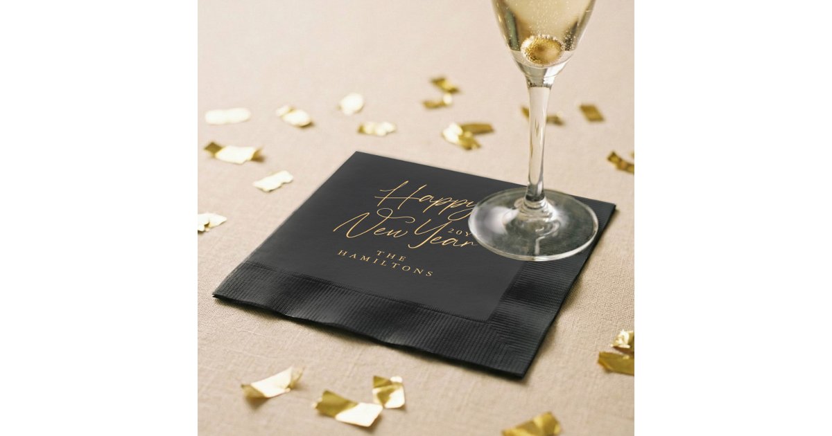 Elegant Luxury Personalized Happy New Year Script Foil Napkins | Zazzle