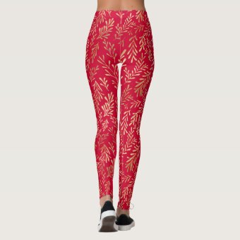Elegant Luxury Red Gold Leaf Pattern Leggings | Zazzle