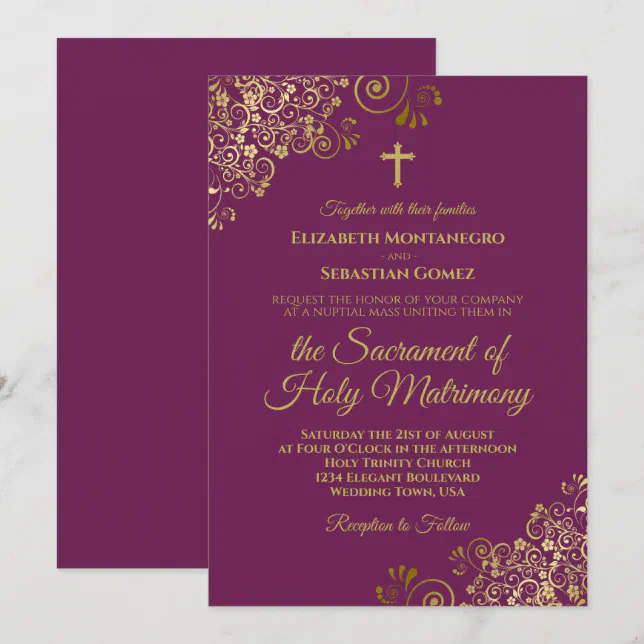 Elegant Magenta & Gold Modern Catholic Wedding Invitation | Zazzle