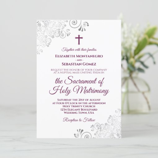 Elegant Magenta on White Modern Catholic Wedding Invitation | Zazzle