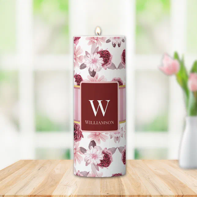 Elegant Magenta Pink Floral Stripe Custom Monogram Pillar Candle | Zazzle
