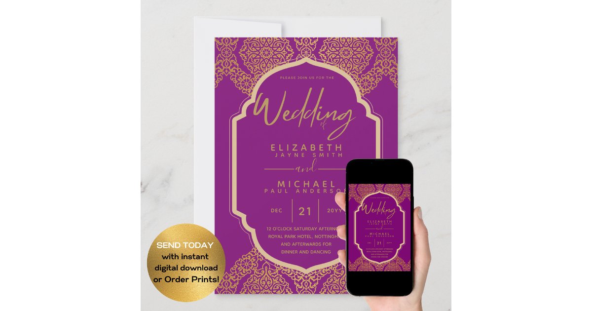 Elegant Magenta Pink Gold Ornate Wedding Invitation | Zazzle