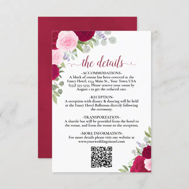 Elegant Magenta Pink Roses Wedding Details QR Code Enclosure Card | Zazzle