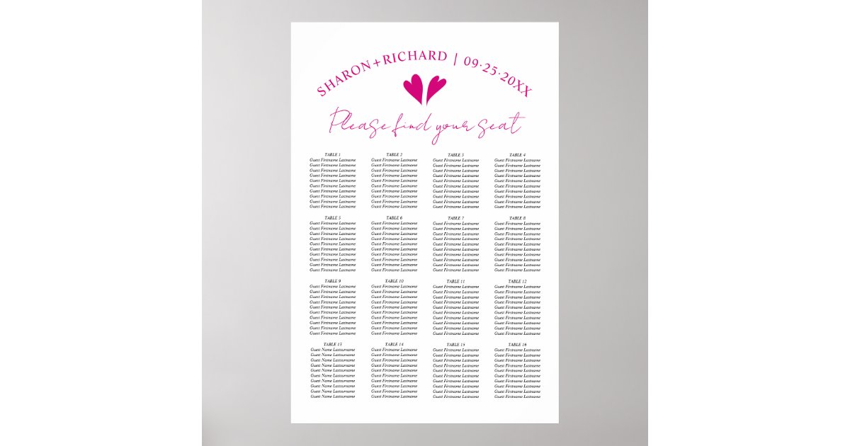 Elegant magenta pink wedding seating chart | Zazzle