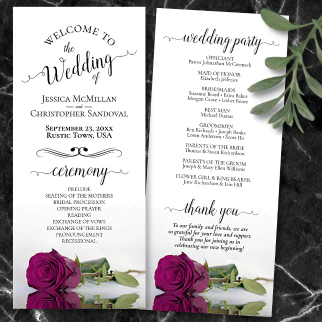 Elegant Magenta Rose Simple Romantic Wedding Program | Zazzle