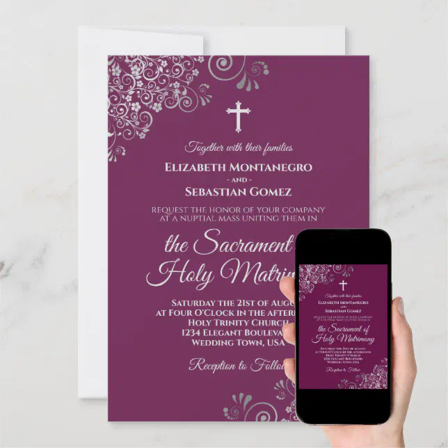 Elegant Magenta & Silver Modern Catholic Wedding Invitation | Zazzle