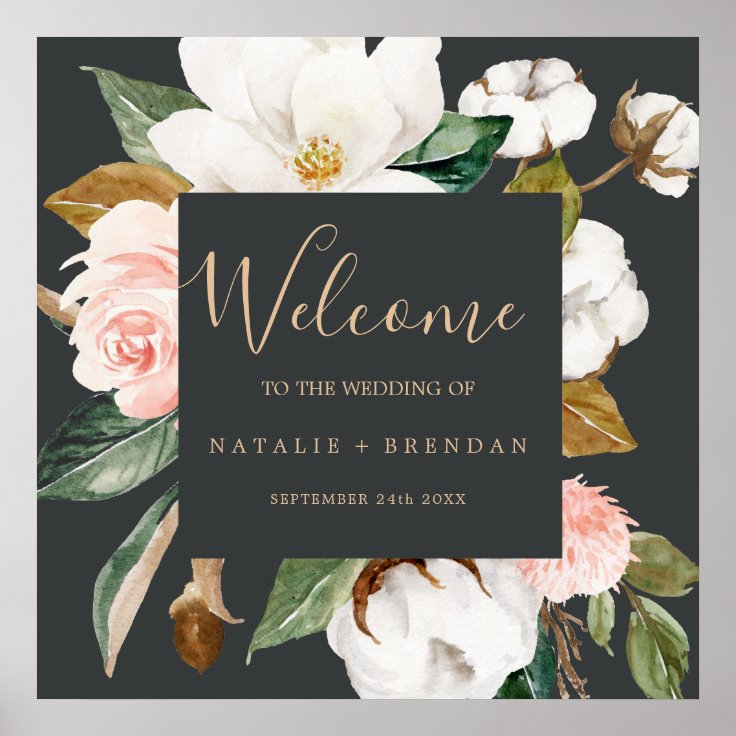 Elegant Magnolia | Black and White Welcome Wedding Poster | Zazzle