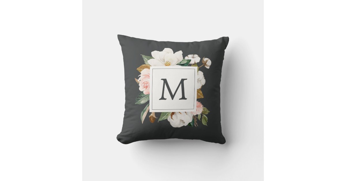 Elegant Magnolia | Black Monogrammed Throw Pillow | Zazzle