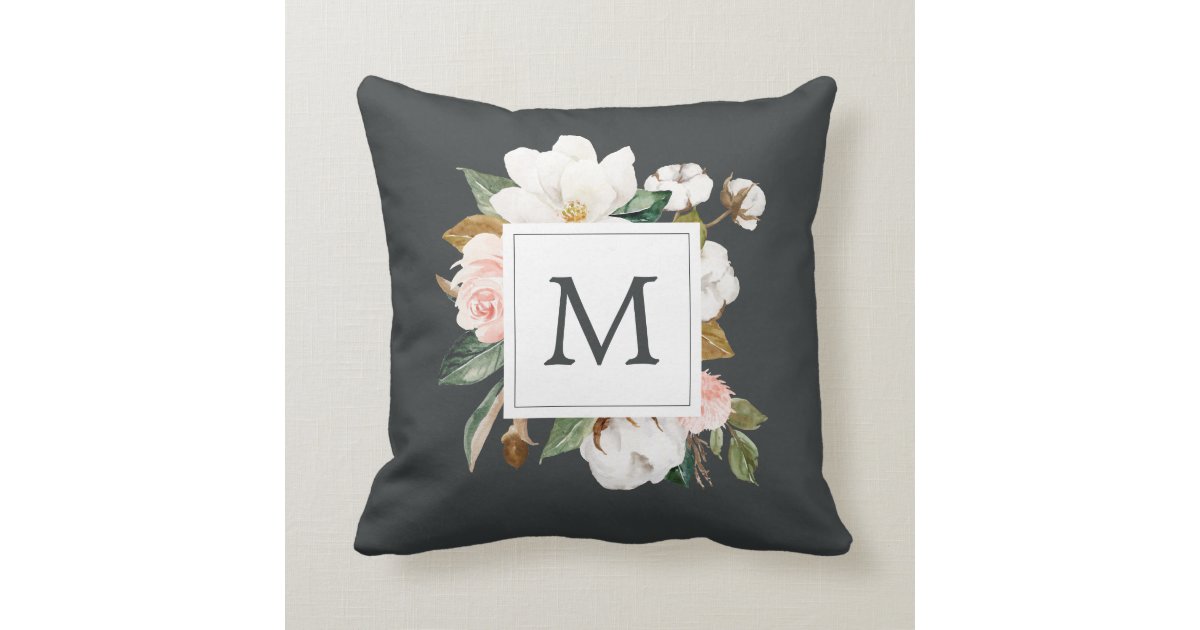Elegant Magnolia | Black Monogrammed Throw Pillow | Zazzle.com