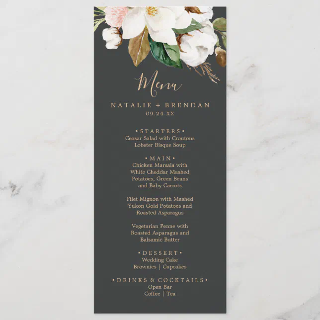 Elegant Magnolia Black & White Wedding Dinner Menu | Zazzle