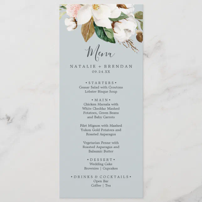 Elegant Magnolia Blue Gray Wedding Dinner Menu | Zazzle