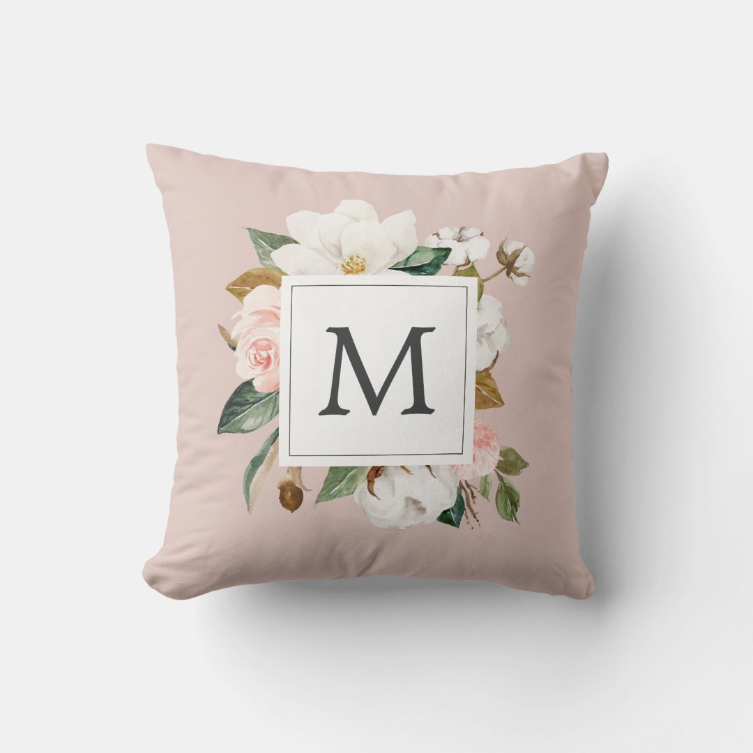 Elegant Magnolia | Blush Monogrammed Throw Pillow | Zazzle