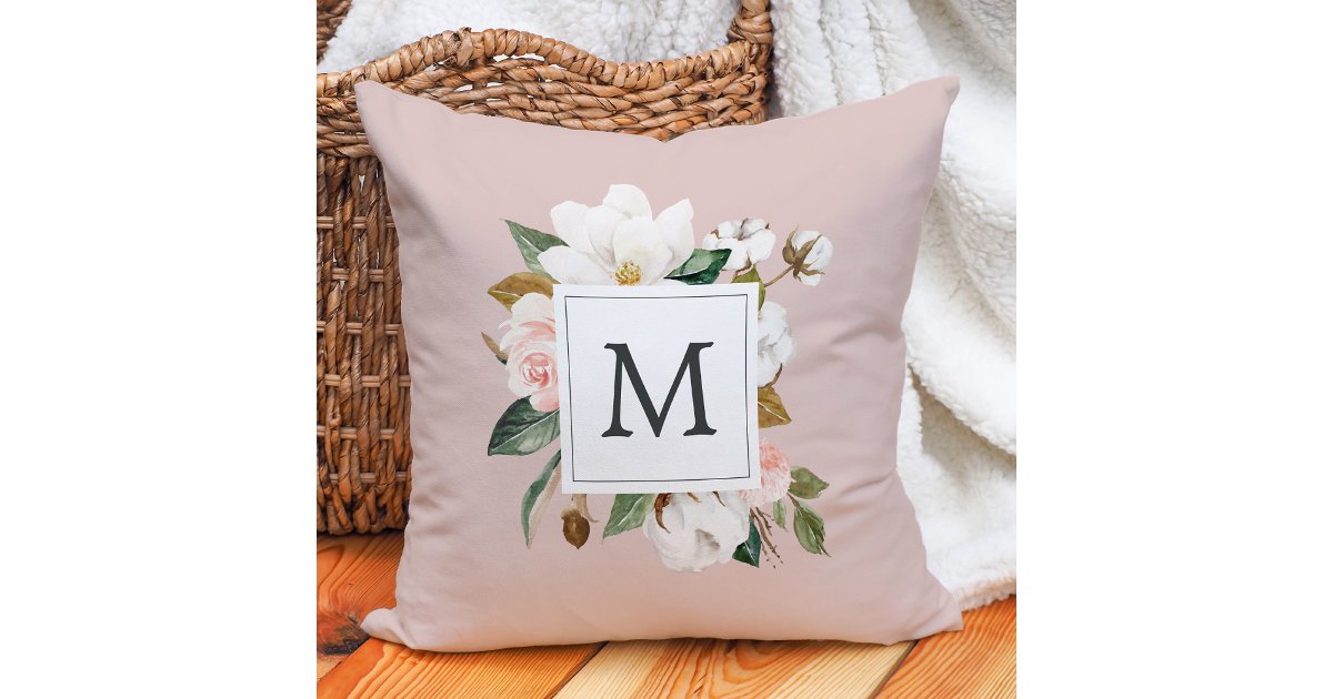 Elegant Magnolia | Blush Monogrammed Throw Pillow | Zazzle