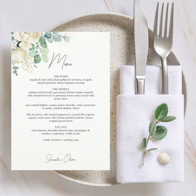 Elegant Magnolia Eucalyptus Wedding Menu | Zazzle