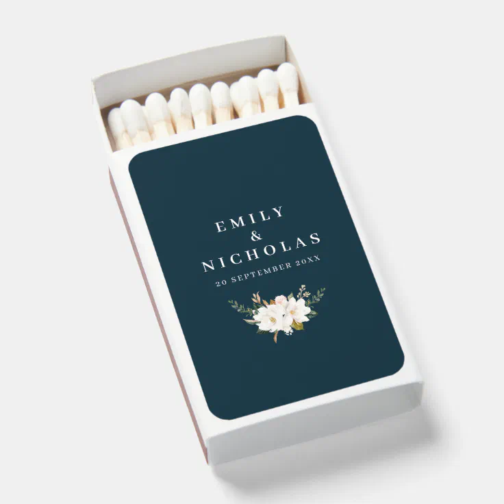 elegant magnolia floral navy blue wedding matchboxes | Zazzle
